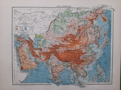 1902 MAP ASIA PHYSICAL ARABIA TIBET MONGOLIA CHINA AFGHANISTAN INDIA ...