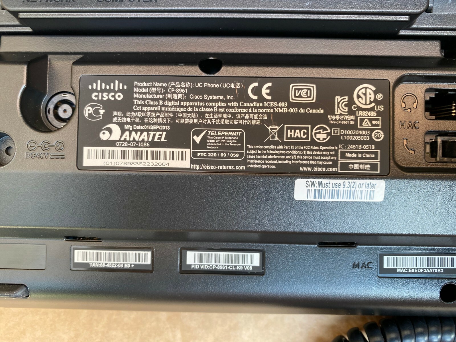 Cisco 8961 Unified IP Phone with Handset and Stand Cisco CP-8961-CL-K9 ...