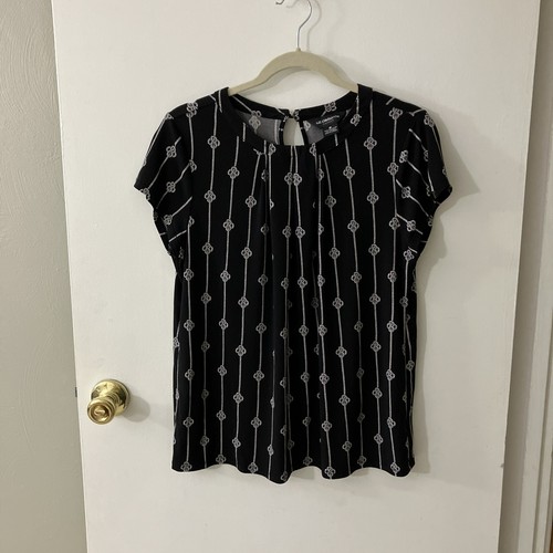 Liz Claiborne Career Blouse Nautical Rope Pattern Short Sleeve Black ...