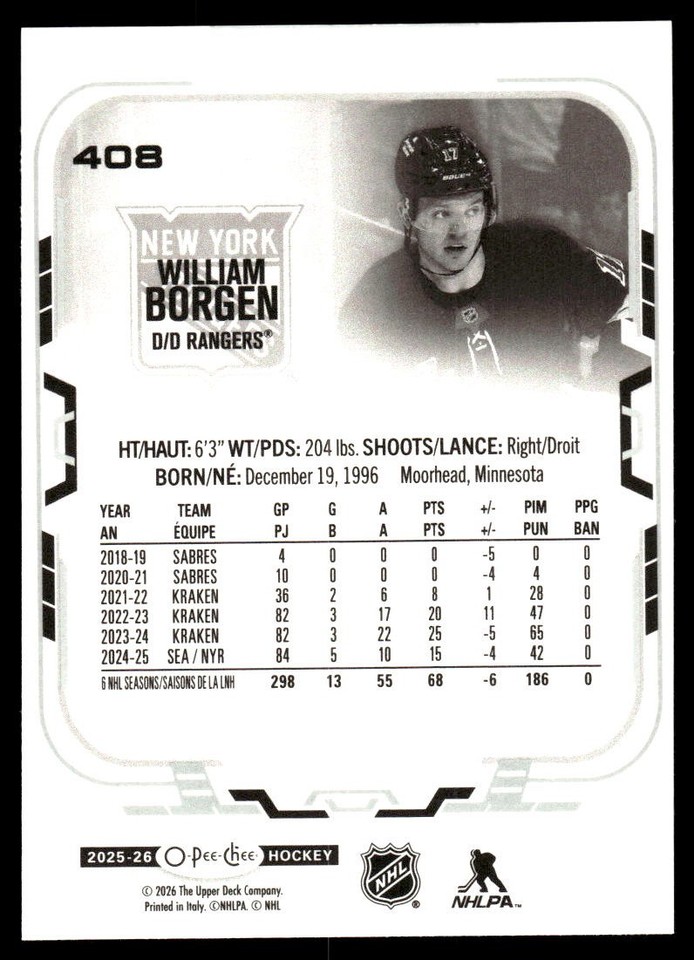 2025-26 O-Pee-Chee #408 William Borgen New York Rangers Hockey Card | eBay