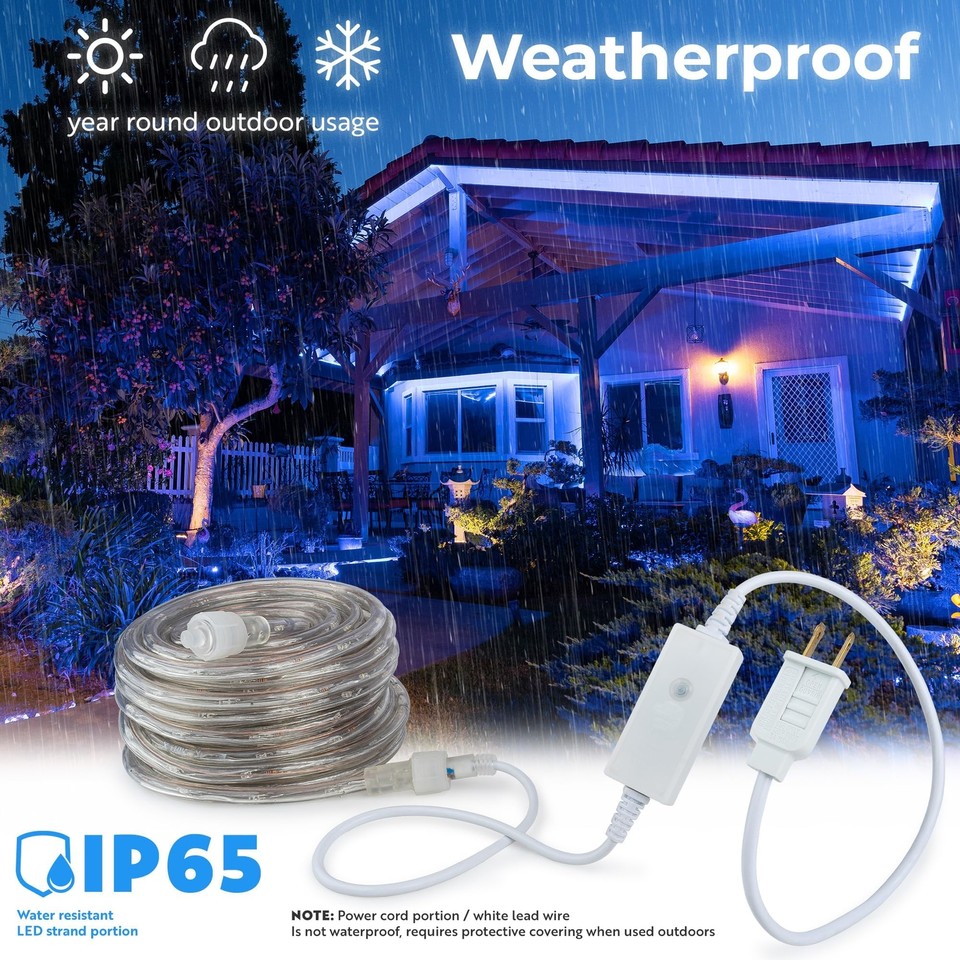 Blue 8-Mode LED Outdoor Waterproof Rope Light 10' 25' 50' 100' 150' 300 ...