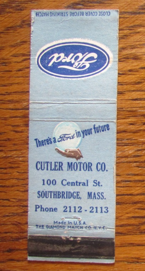1940s CUTLER FORD CAR DEALER MATCHBOOK COVER: SOUTHBRIDGE, MA ...