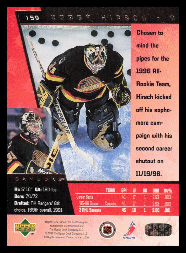 1996 Upper Deck SP #159 Corey Hirsch Vancouver Canucks | eBay