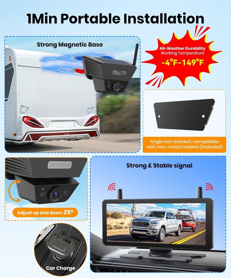 AUTO VOX Magnetic Solar Wireless Backup Camera : 7.2" DVR 1080P 2 Split ...