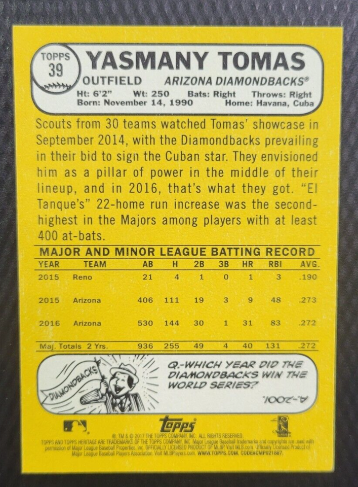 2017 Topps Heritage YASMANY TOMAS Arizona Diamondbacks MLB Batting ...