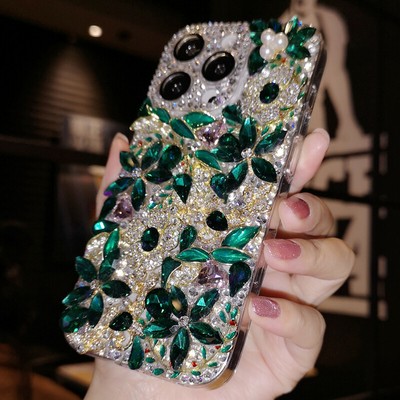 Handmade Gorgeous Emerald Stone with Flowers Case for iPhone 16 15 14 ...