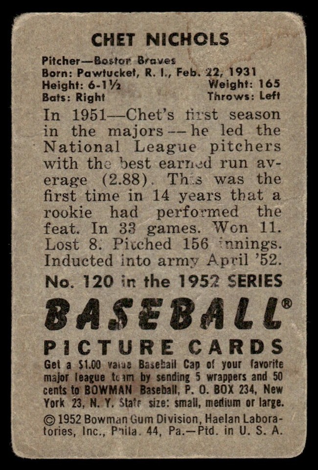 1952 Bowman (Damaged) Chet Nichols Rookie Baseball Card Boston Braves ...