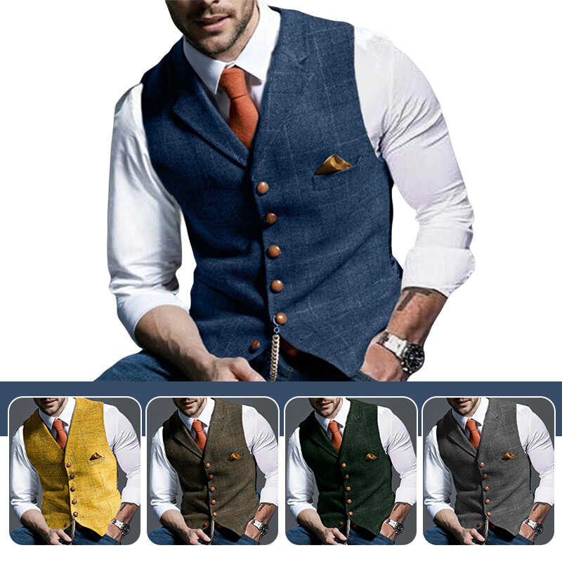 Men's Retro Printed Waistcoat Vest Formal Plaid Herringbone Slim ...