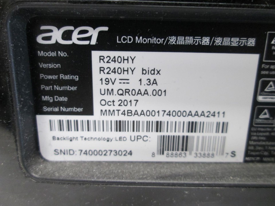 ACER R240HY 24" IPS HDMI DVI VGA WIDESCREEN MONITOR ONLY | eBay