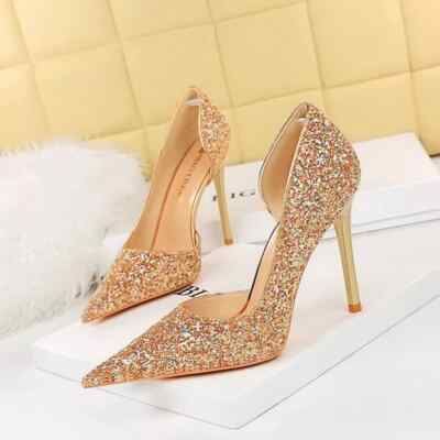Decolte Scarpe Donna Oro Tacco 11 cm Strass Paillette Pelle Sintetica ...