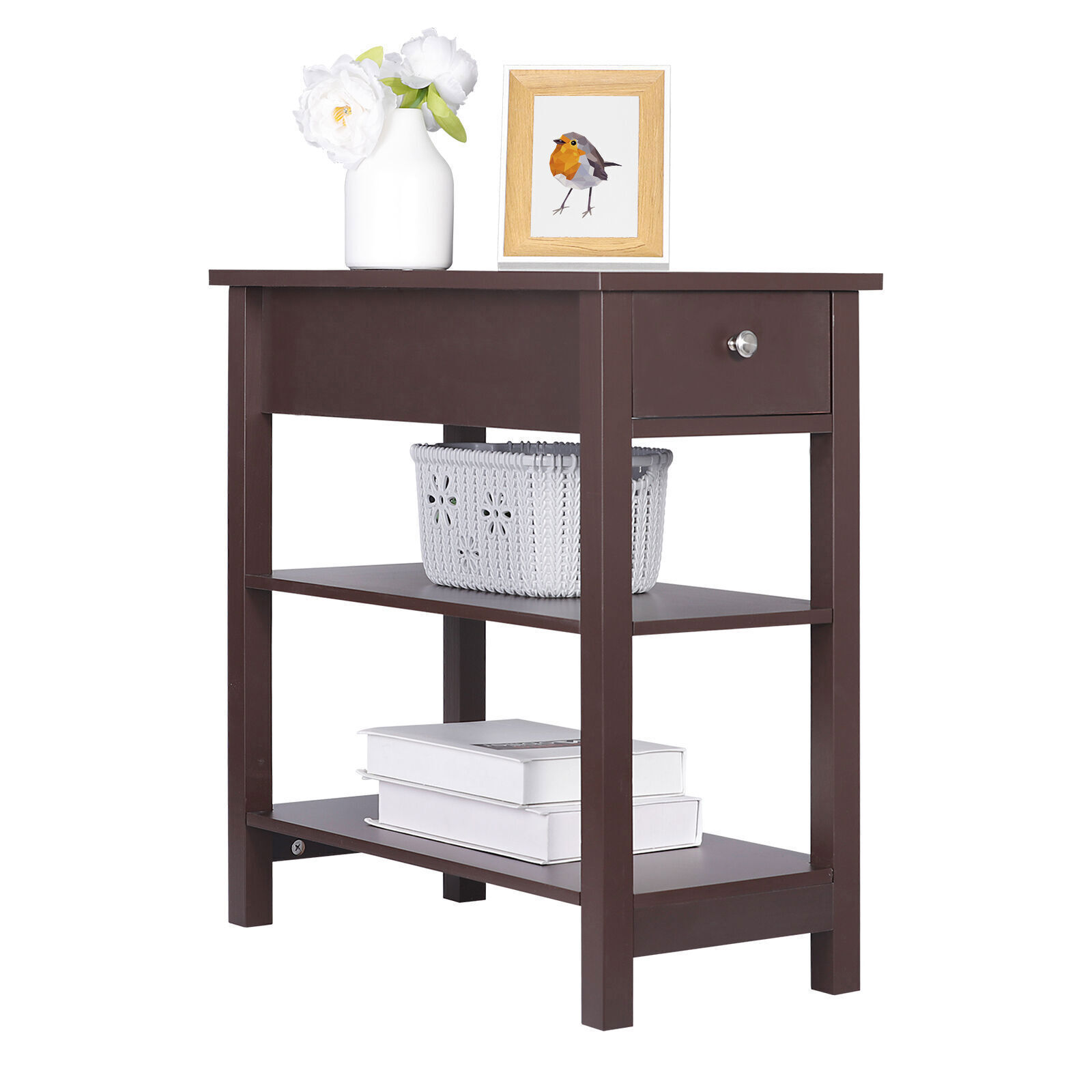 2x Living Room Narrow End Table with Drawer and Shelf Sofa End Table ...