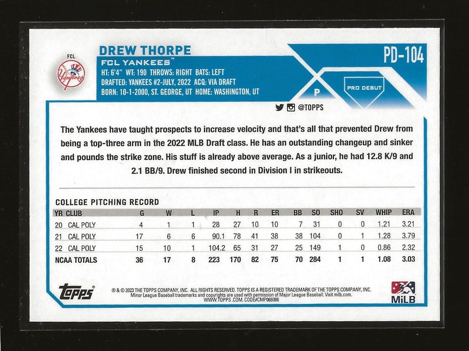 2023 Topps Pro Debut Drew Thorpe Base Card FCL Yankees (#PD-104) | eBay