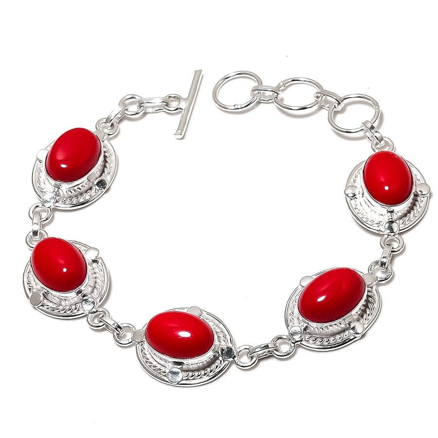 Red Coral Gemstone Handmade 925 Sterling Silver Jewelry Bracelet Size 7 ...