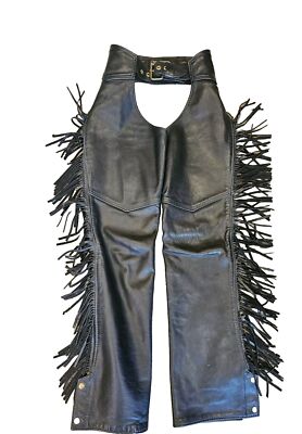 VINTAGE CALIFORNIA CREATIONS BLACK LEATHER MOTORCYCLE CHAPS W/ FRINGE ...