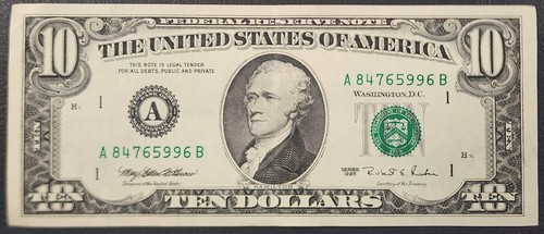 Vintage Circulated 1995 Ten Dollar ($10) Federal Reserve Note, A1 ...