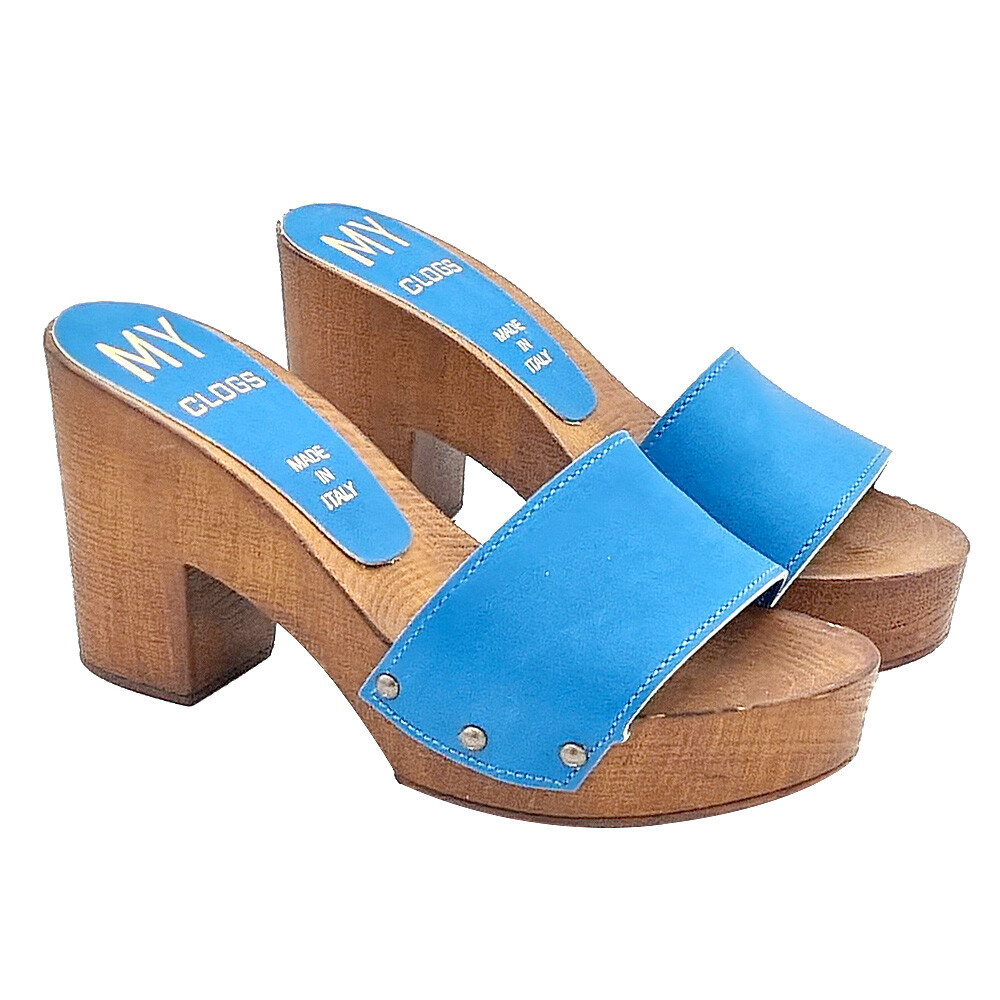 Clogs leather band blue with heel 9 - Made in Italy - MY10 ROYAL BLUE ...