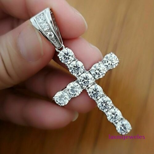 4Ct Round Cut Lab-Created Diamond Pendant Cross 14K White Gold Over ...
