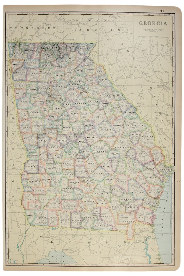 GEORGIA Antique MAP STATE Counties Large COLOR 1928 21"x14" Jazz Age ...