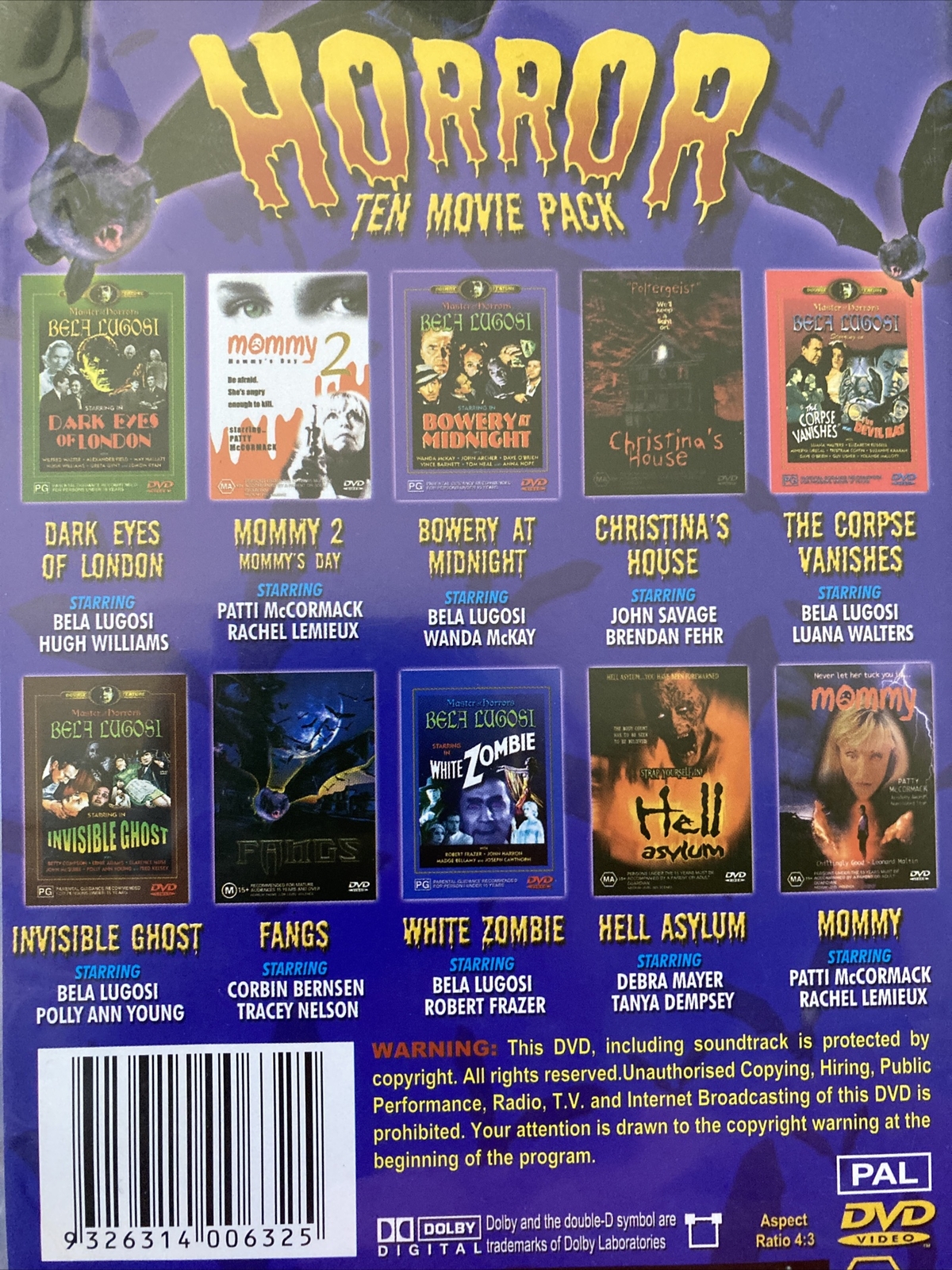 Horror Ten Movie Pack DVD FE5 10 movies on 4 disks, in a sturdy box ...