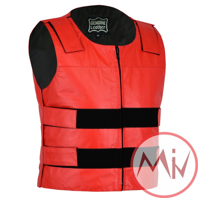 Men Real Leather Bullet Proof Style Red Motorcycle Vest For Bikers ...