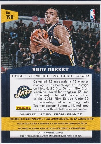 RUDY GOBERT ROOKIE CARD Utah Jazz 2013/14 Panini Basketball RC | eBay