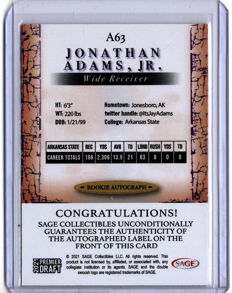 Jonathan Adams Jr. 2021 Sage Premier Draft Gold Autograph Rookie ...
