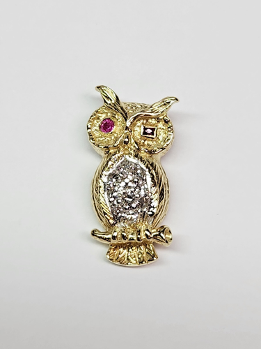 ADORABLE 14.7k Gold Natural Ruby & Diamond OWL Charm Pendant Charm *NO ...
