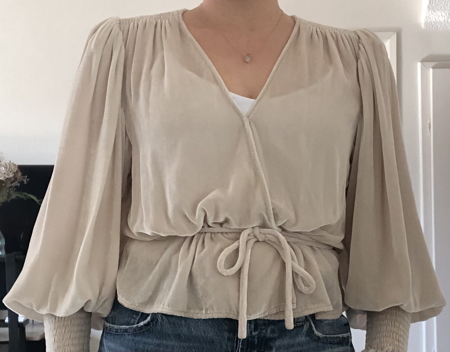 Reformation Mela Cream Velvet Peplum Wrap Top Blouse … - Gem