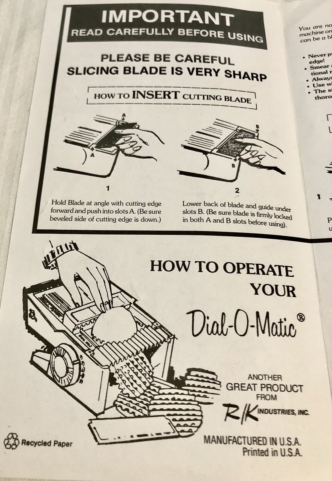 DIAL-O-MATIC Food Cutter R/K Industries (RONCO) Recipes & Instructions ...