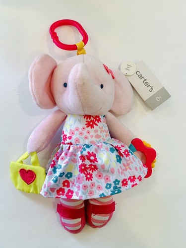 Carters Rattle Teether Baby Plush Pink Elephant Floral Dress Crinkle ...
