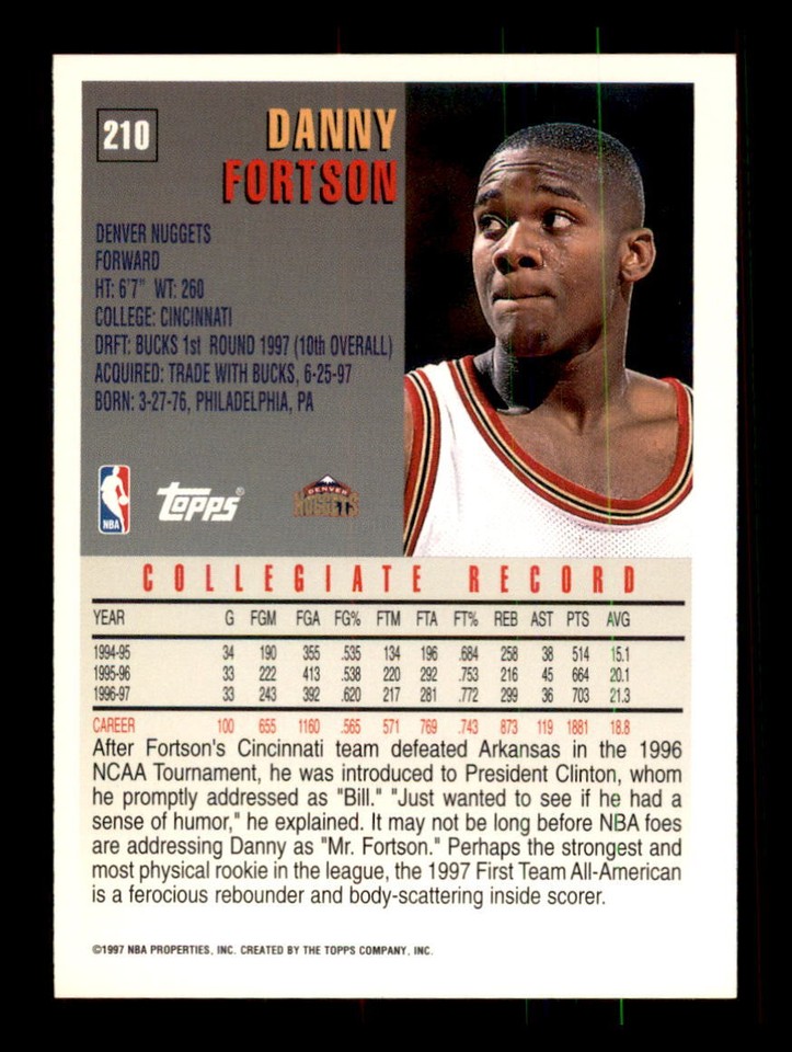 1997 Basketball Topps Danny Fortson Denver Nuggets #210 | eBay