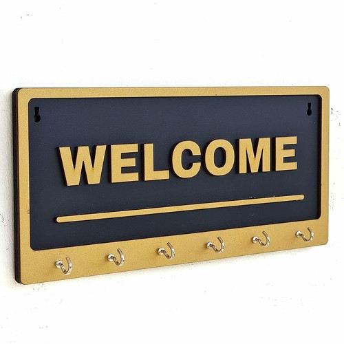 Stylish Wooden Welcome Key Holder Black Golden Color For Wall ...