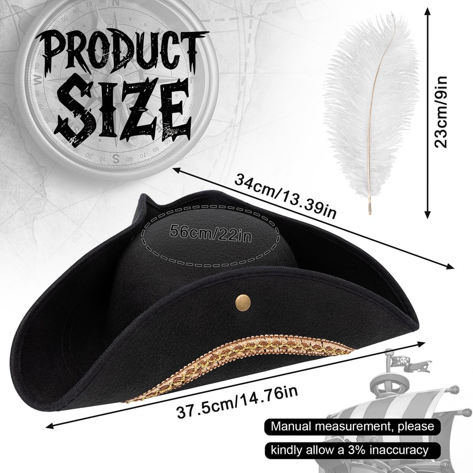 Pirate Costume Hat Women/Men, Black Pirate Hat Kids,Tricomn Colonial ...