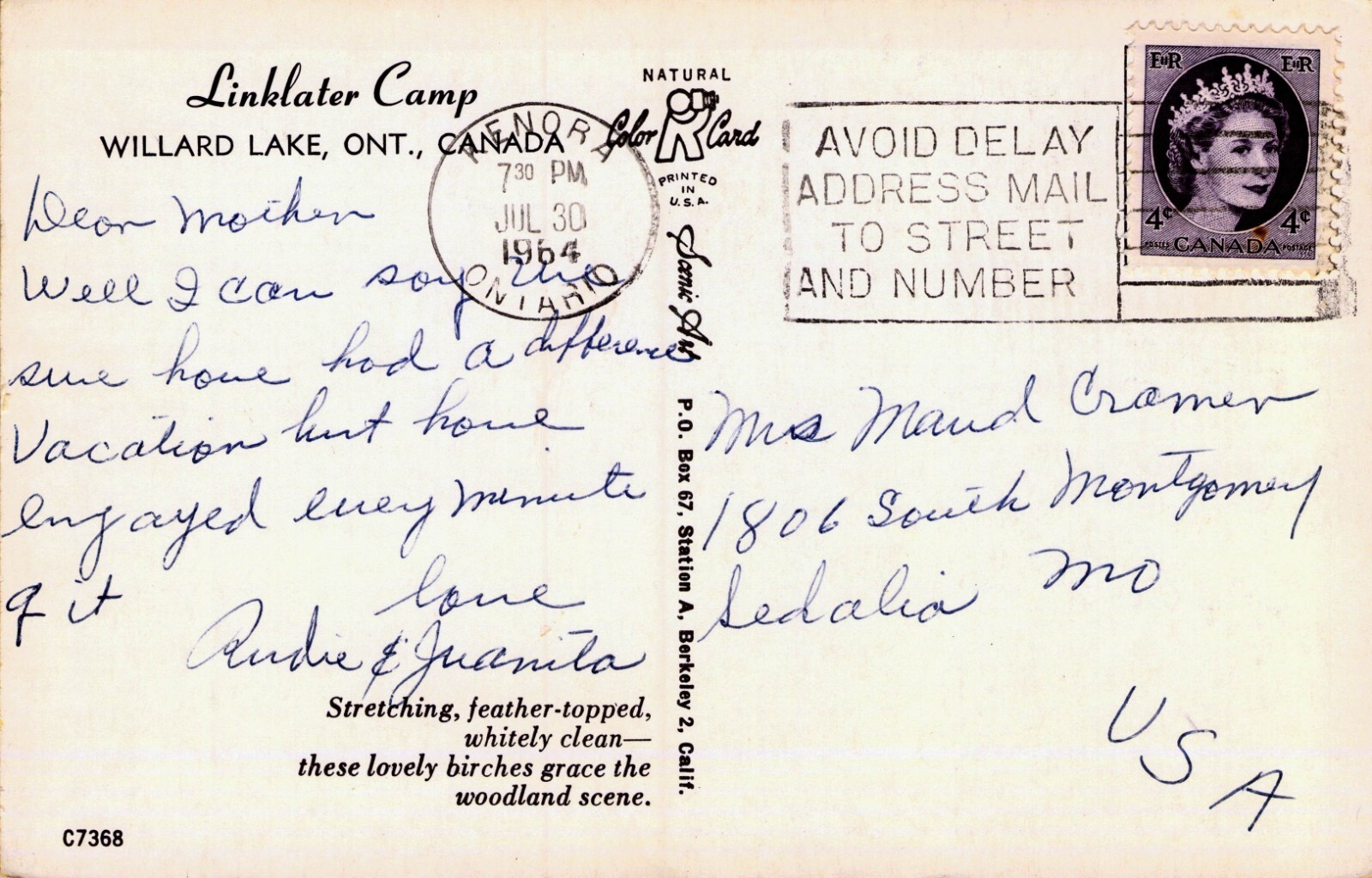 1964 Postcard Linklater Camp, Willard Lake, Ontario, Canada-Posted M4 ...