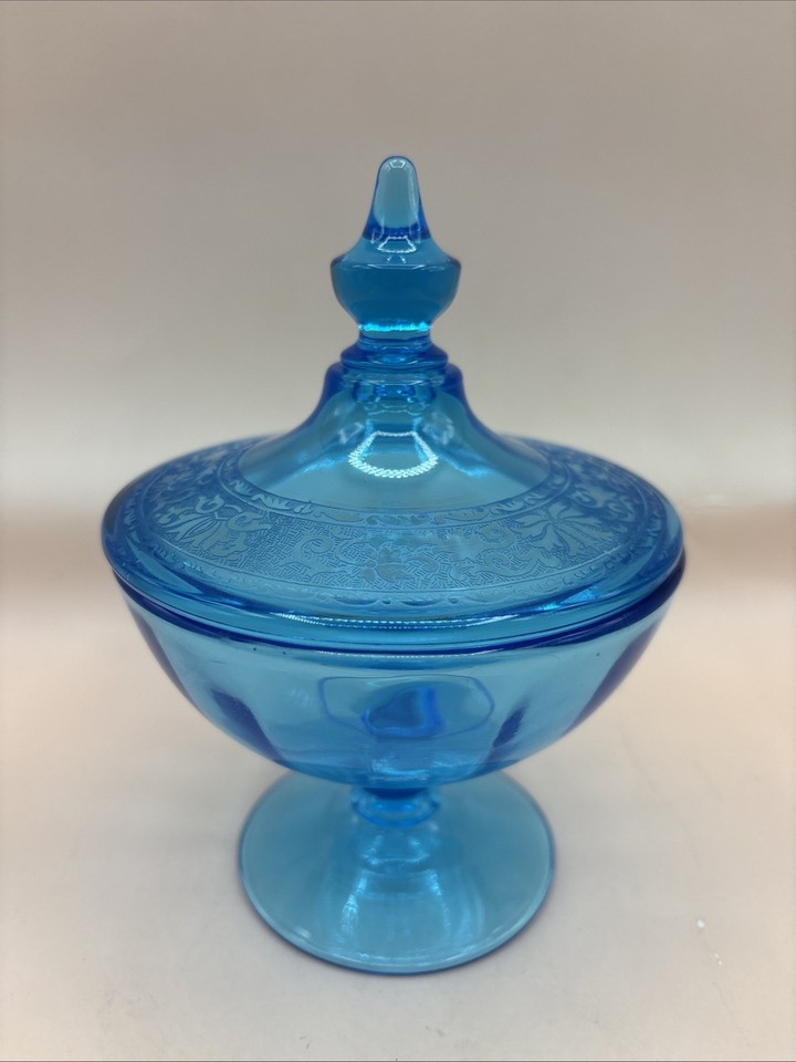 Fostoria Blue Glass Royal Etch Candy Jar Dish Mint Condition | eBay