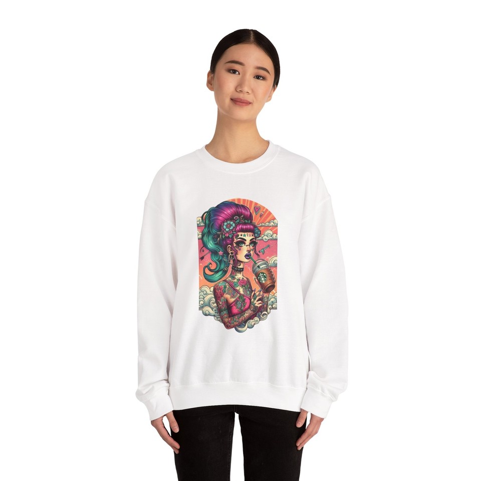 Tattooed Girl Drinking Coffee Retro Vtg Cartoon Art Sweatshirt S-3XL ...