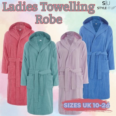 Ladies Womens Terry Towelling Bath Robe Cotton Dressing Gown Hooded ...