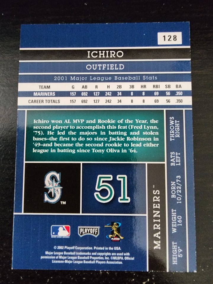 ICHIRO SUSUKI 2002 PLAYOFF ABSOLUTE #128 SEATTLE MARINERS MLB BASEBALL ...