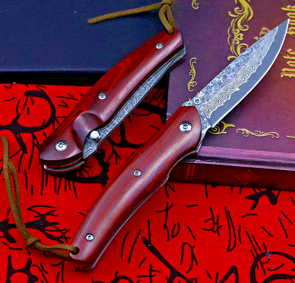 Damascus Blade Folding Blade Knife Sandal Wood Handle Hunting Pocket ...