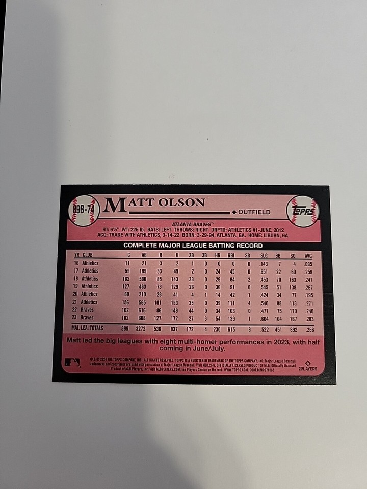 2024 Topps Matt Olson #89B-74 BASEBALL Atlanta Braves 1989 35th ...