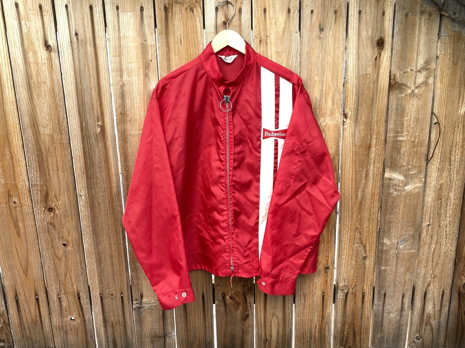 1960s vtg BUDWEISER BEER red NYLON RACING JACKET XL S… - Gem