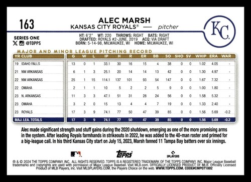 2024 Topps Series 1 Rookie #163 Alec Marsh Kansas City Royals Baseball ...