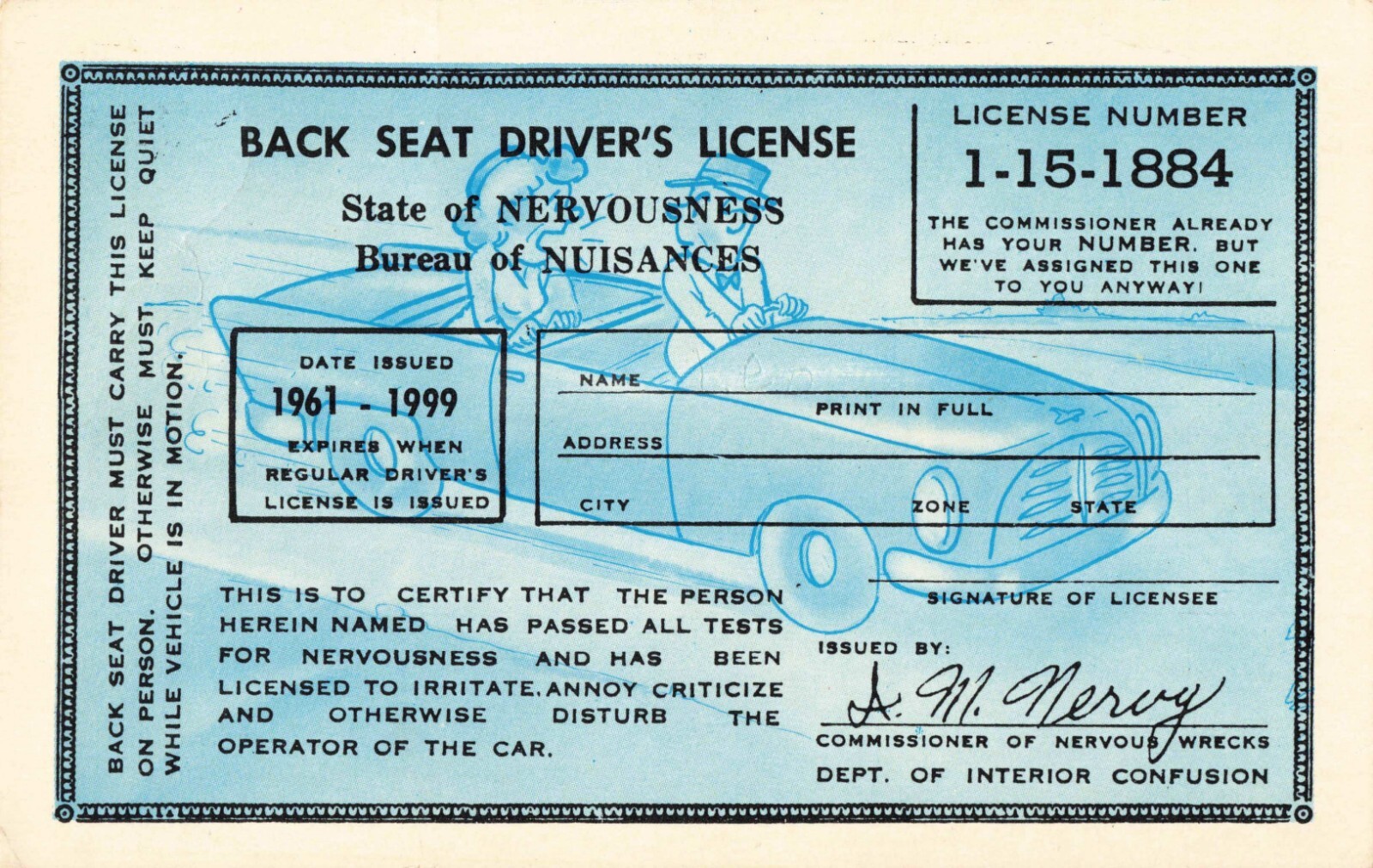 Postcard Comic Back Seat Driver's License circa 1961 | eBay