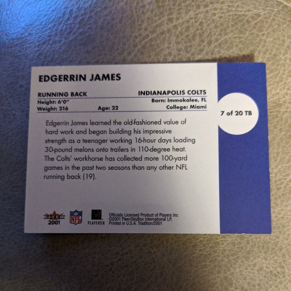 EDGERRIN JAMES 200101 Fleer Tradition "Throwbacks" #TB7 - Colts ...