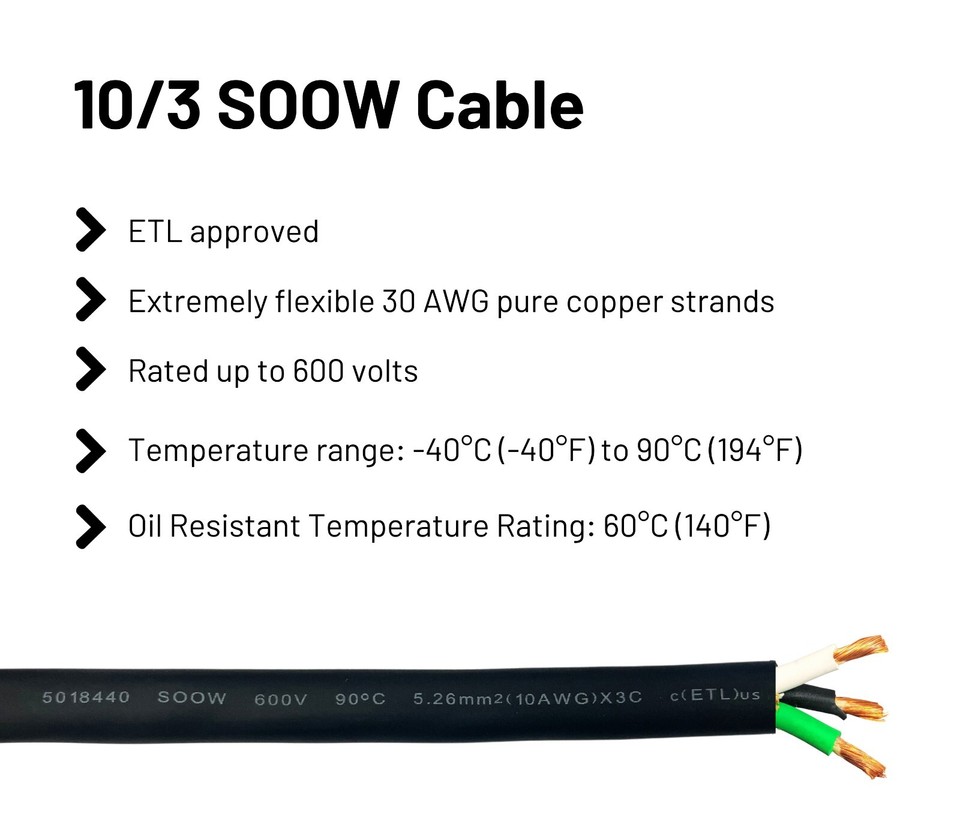 WindyNation 10/3 10 AWG 3 Conductor SOOW SO Cable Cord Wire 600V ...
