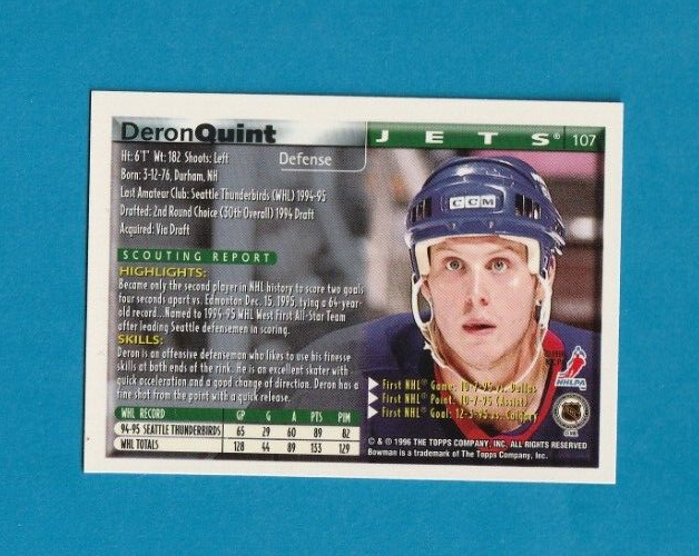 1995-96 Bowman Hockey ALL-FOIL parallel # 107 Deron Quint WINNIPEG JETS ...