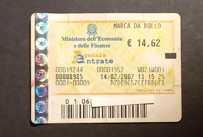 MARCA DA BOLLO 14,62 TELEMATICA DATA 14/02/2007 INTEGRA senza adesivo ...