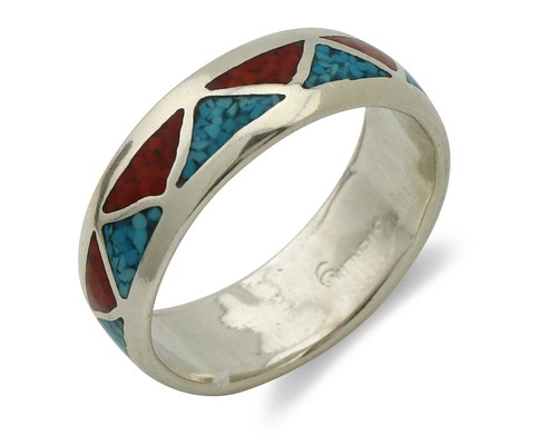 Navajo Chip Inlay Ring 925 Silver Sleeping Beauty Turquoise & Coral ...