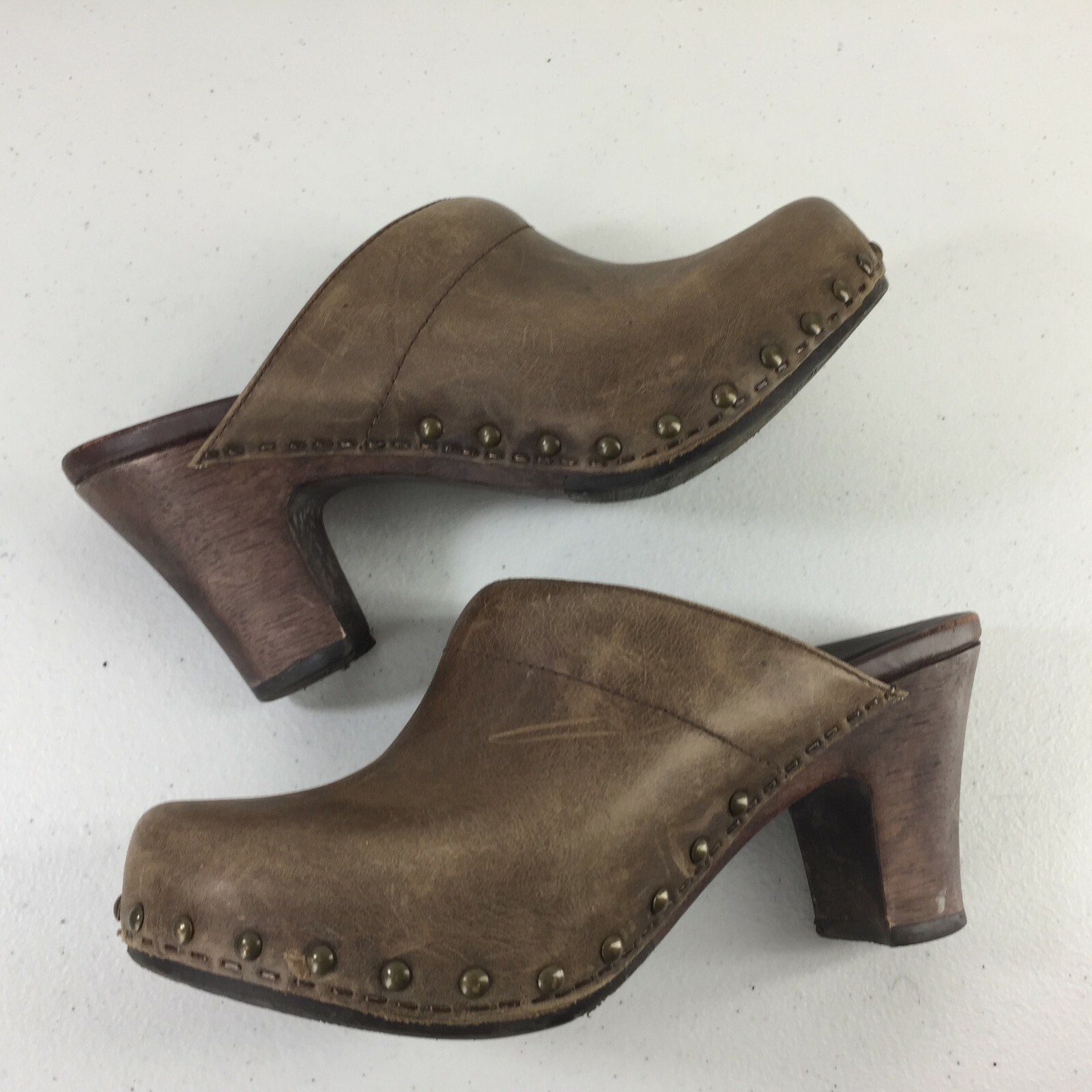 Dansko Women 37 6.5 7 Rae Distressed Studded Brown Leather Heeled Clog ...
