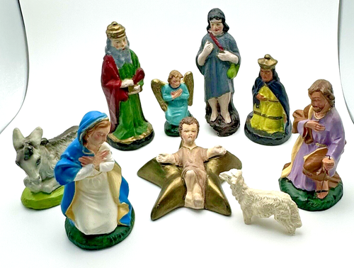 Vintage Italy 9 Piece Nativity Scene Paper Mache + Porcelain Nativity ...